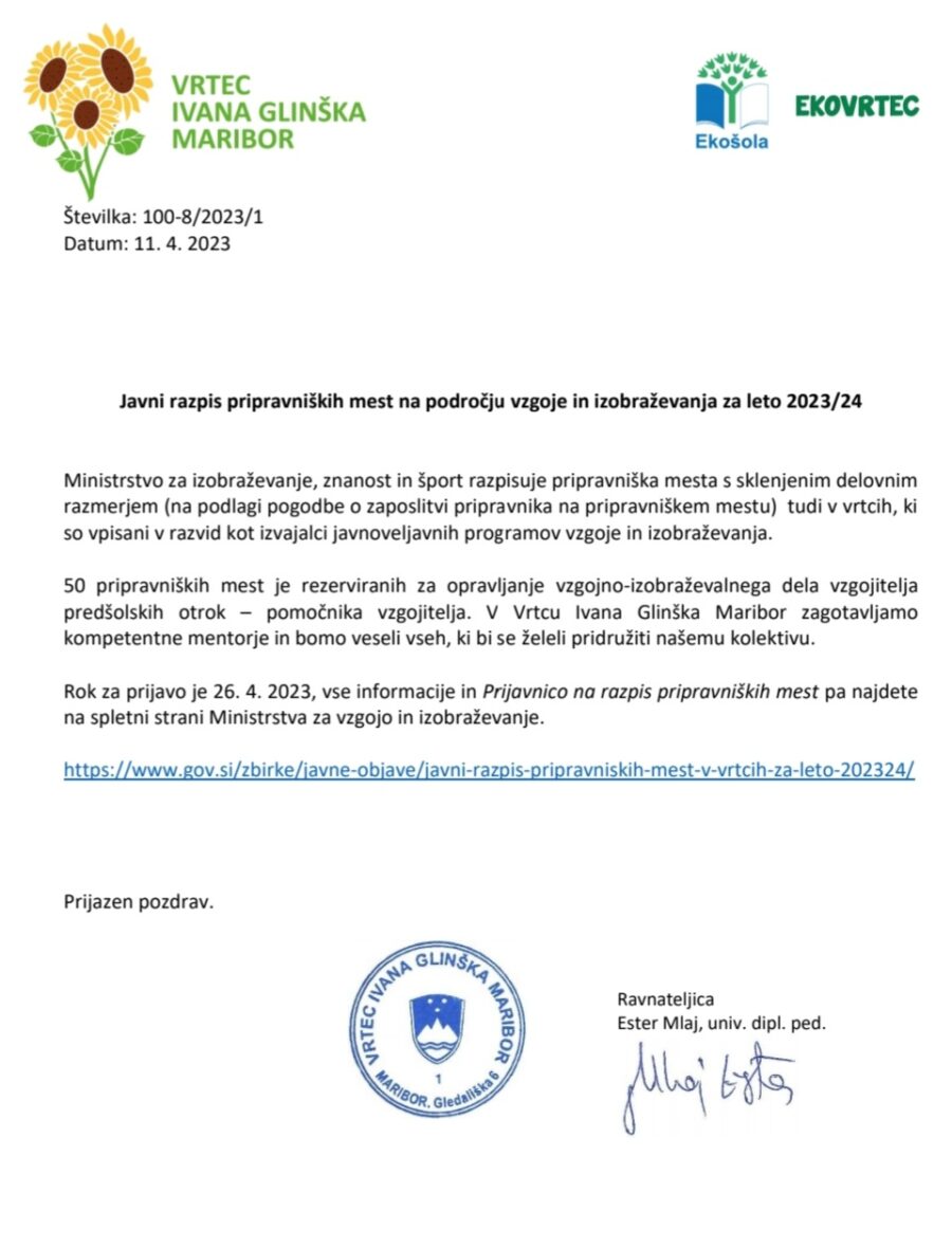 Javni razpis za pripravništvo na področju vzgoje in izobraževanja 2023/ ...